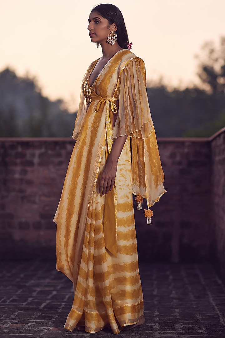 Ivory & Yellow Hand Embroidered Saree Set by Amita Gupta Sustainable at ...