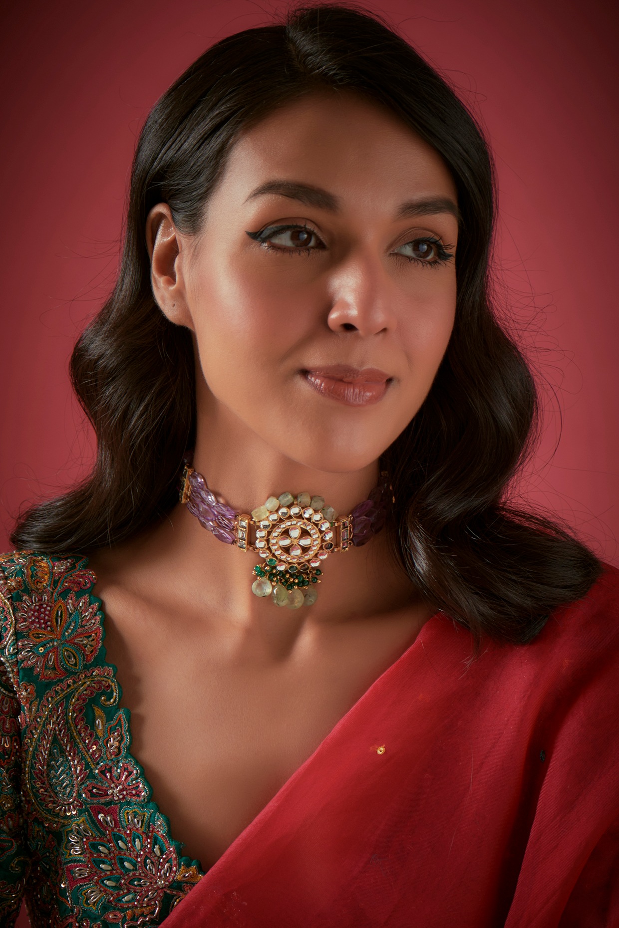 Gold Finish Purple Amethyst & Green Preynite Stone Choker Necklace In Sterling Silver by Aaharya ...