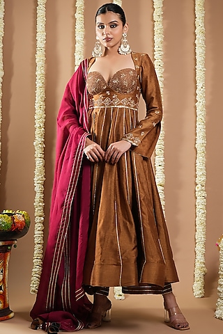 Antique Gold Slub Silk Resham Hand Work Anarkali Set by AHI CLOTHING at ...