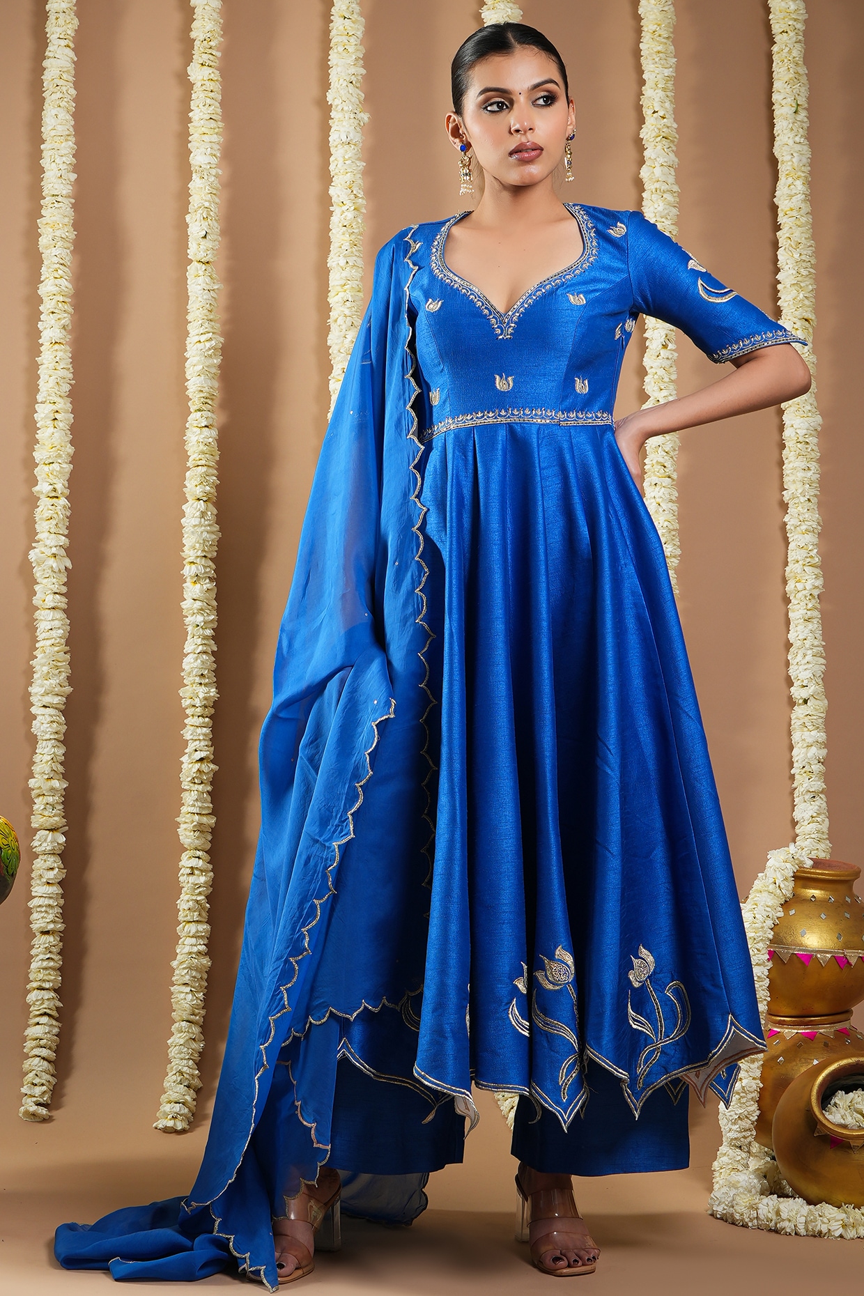 Royal Blue Slub Silk Resham Machine Embroidered Anarkali Set by AHI ...