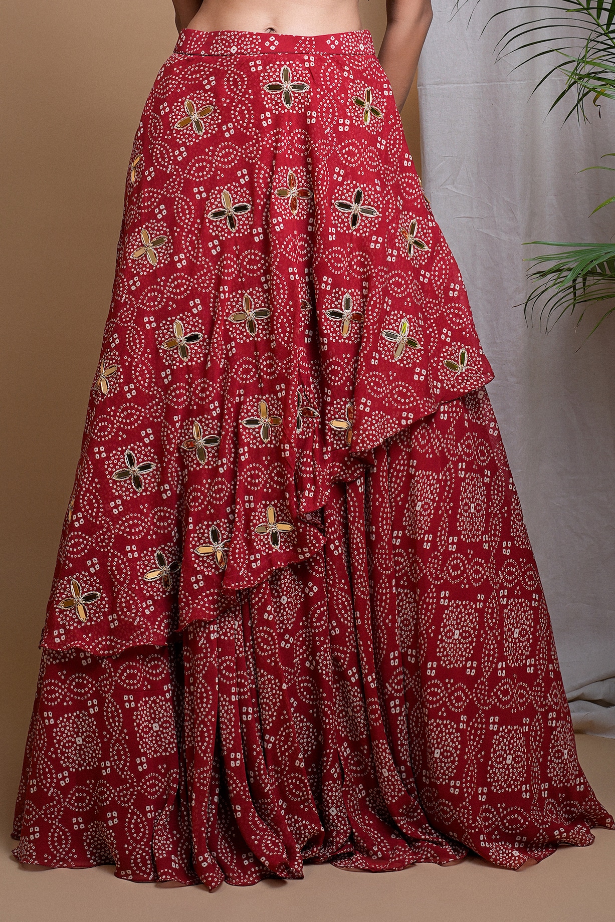 Red Heavy Georgette Bandhani Printed & Mirror Embroidered Lehenga Set ...