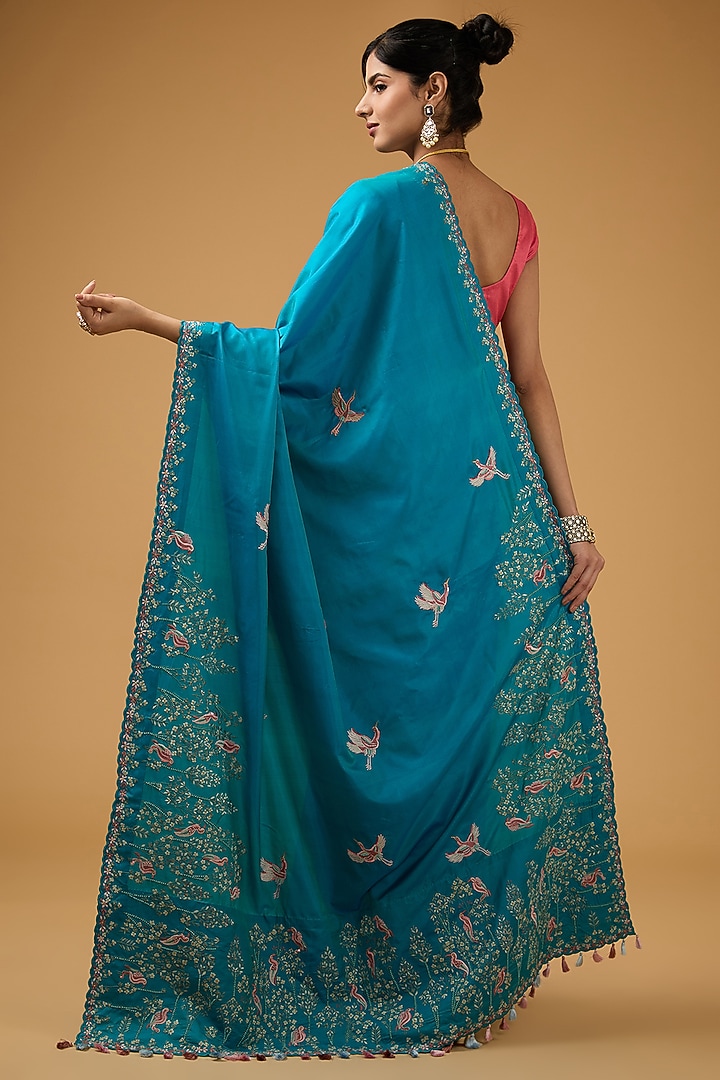Turquoise Blue Silk Floral Embroidered Saree Set by Aharin India at ...