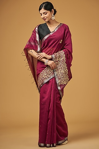 Maroon Maheshwari Cotton Silk Embroidered Handwoven Saree Set by Aharin ...