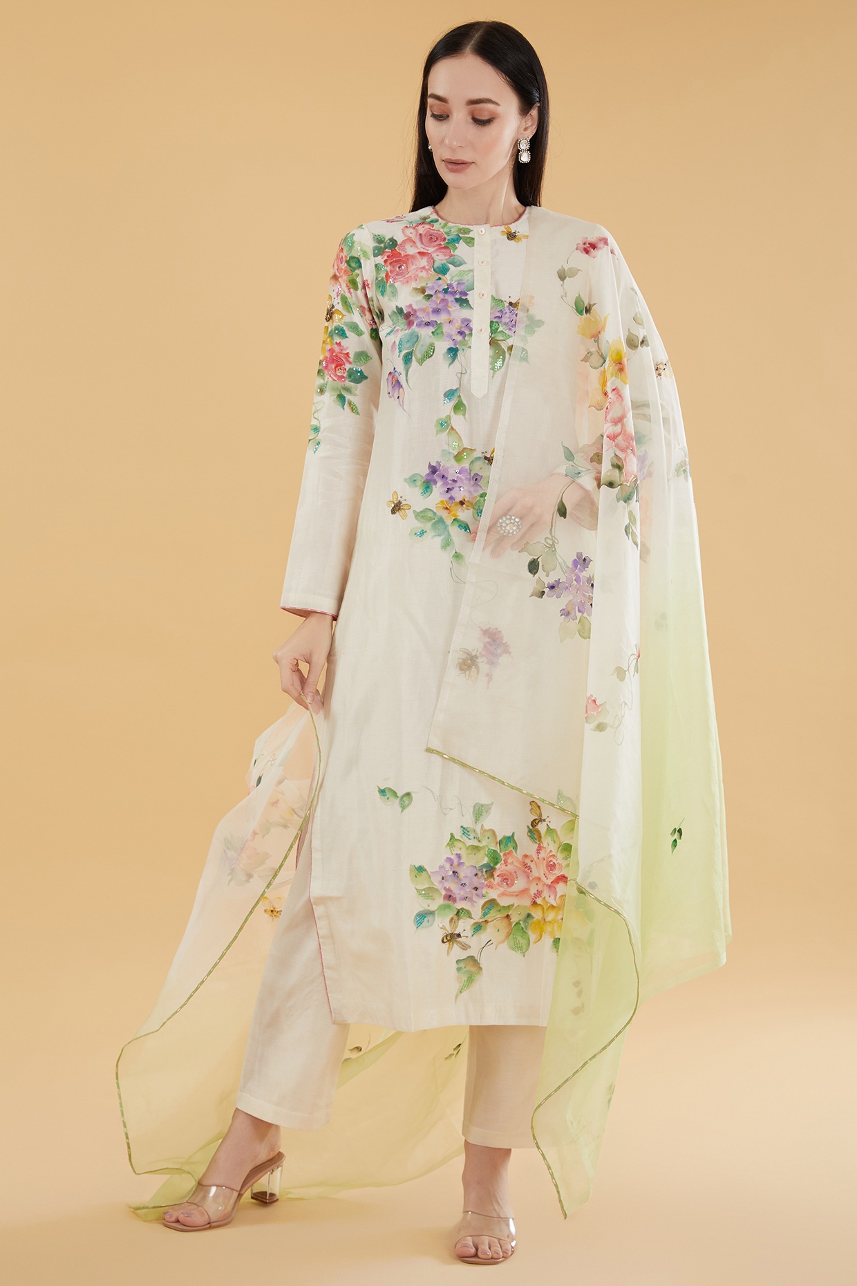 Ivory Cotton Silk Floral Hand-Painted Kurta Set by Aharin India at ...