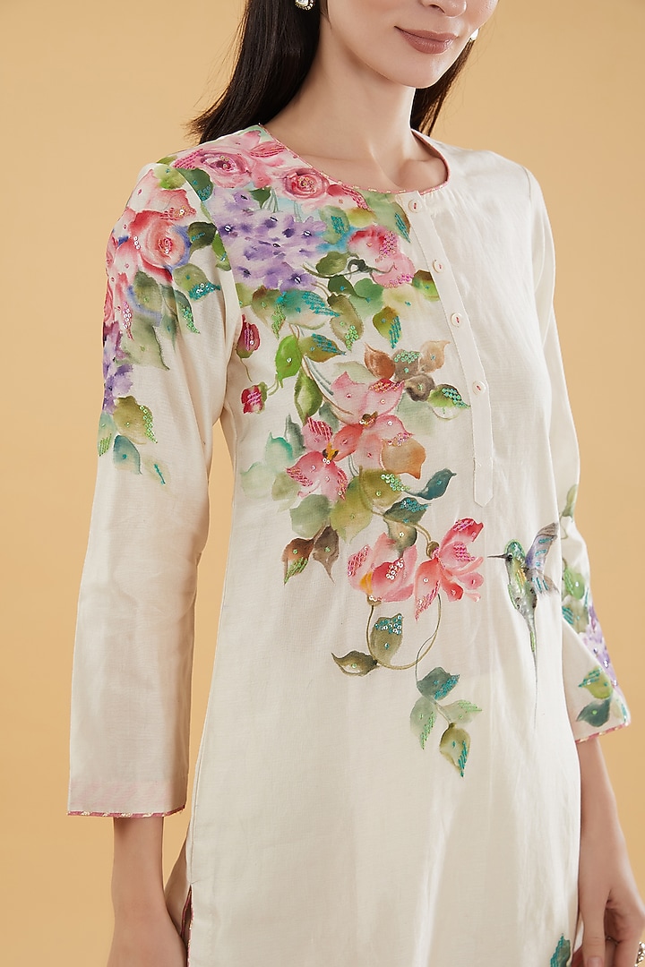 Ivory Cotton Silk Floral Hand-Painted Kurta Set by Aharin India at ...