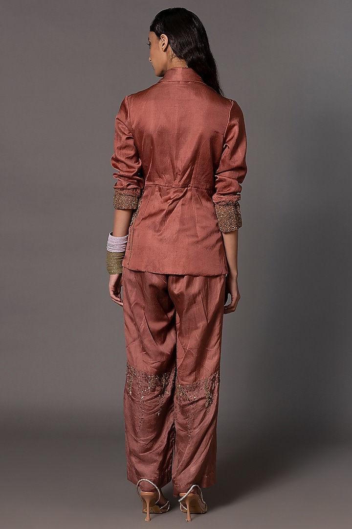 Rose Terracotta Linen Satin Hand Embroidered Jacket Set by A Humming ...