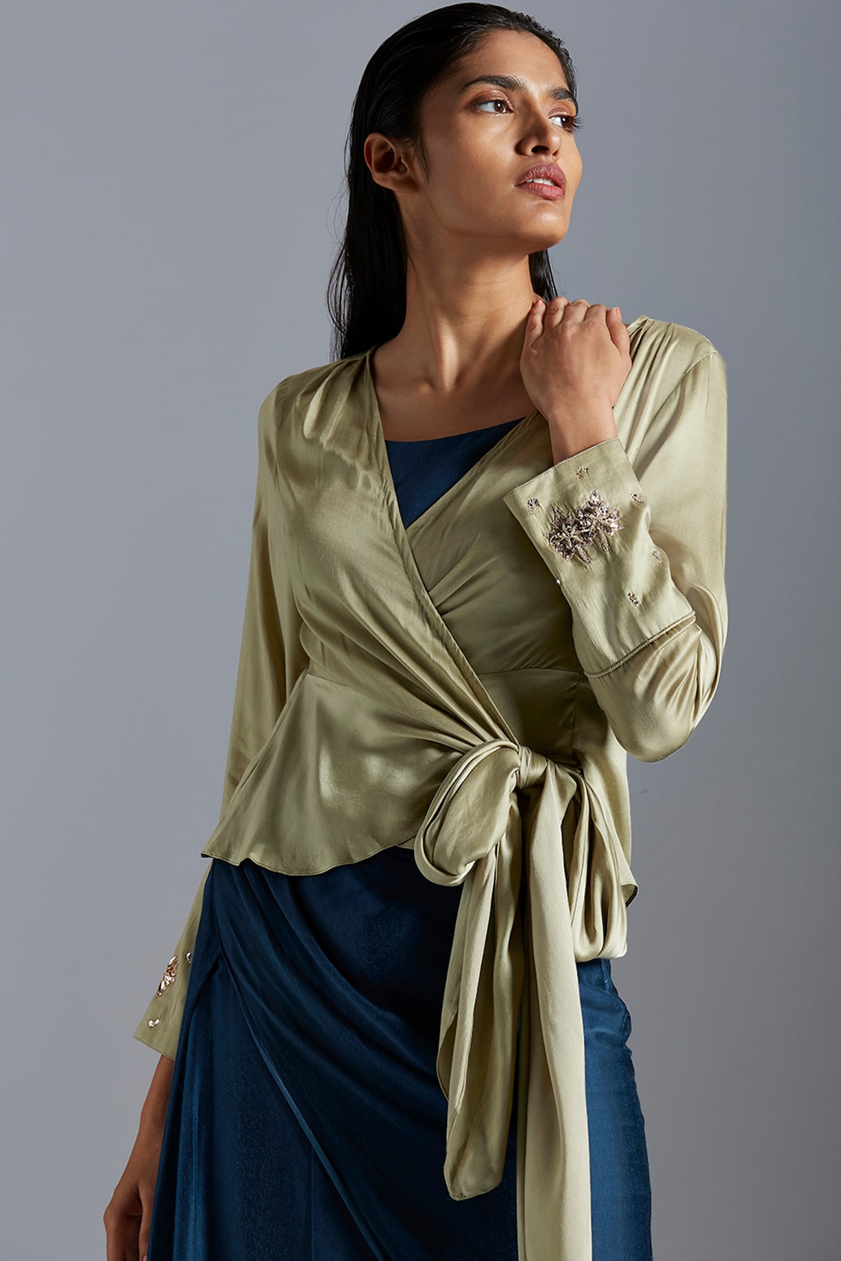 Grey Embroidered Wrap Top With Draped Skirt by A Humming Way at Pernia ...