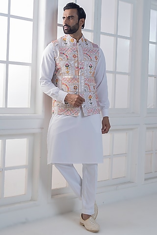 Multi-Colored Cotton Satin Hand & Embroidered Nehru Jacket Set by AJAY ...
