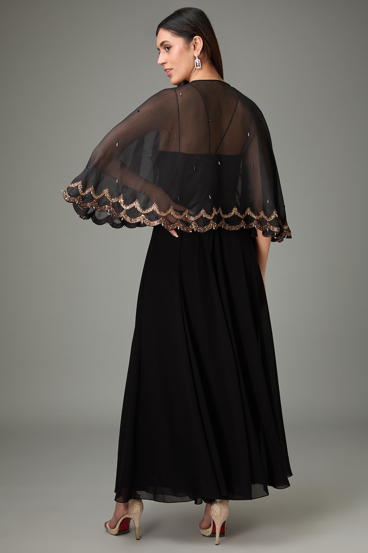 Black Polyester Silk Flared Jumpsuit With Circular Cape by Anjali ...