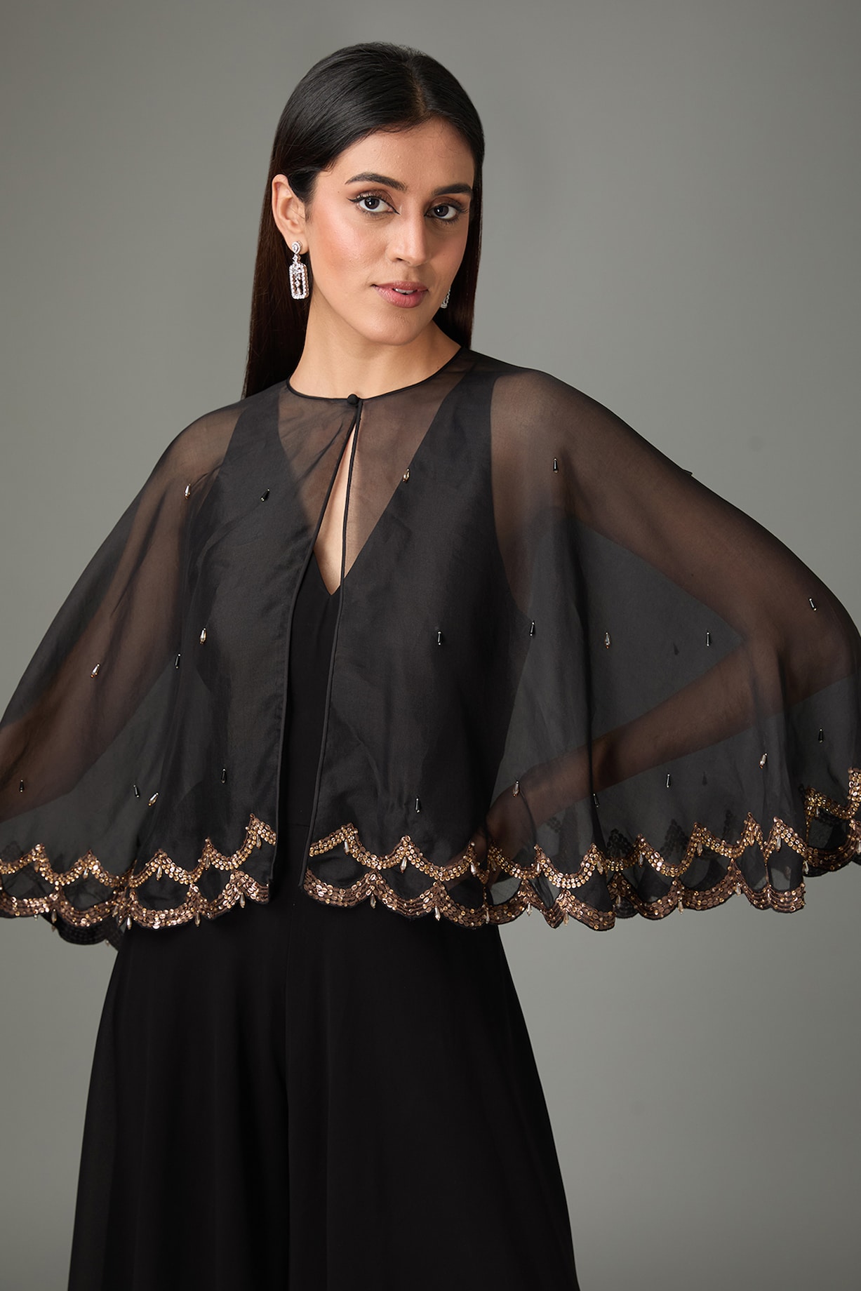 Black Polyester Silk Flared Jumpsuit With Circular Cape by Anjali ...