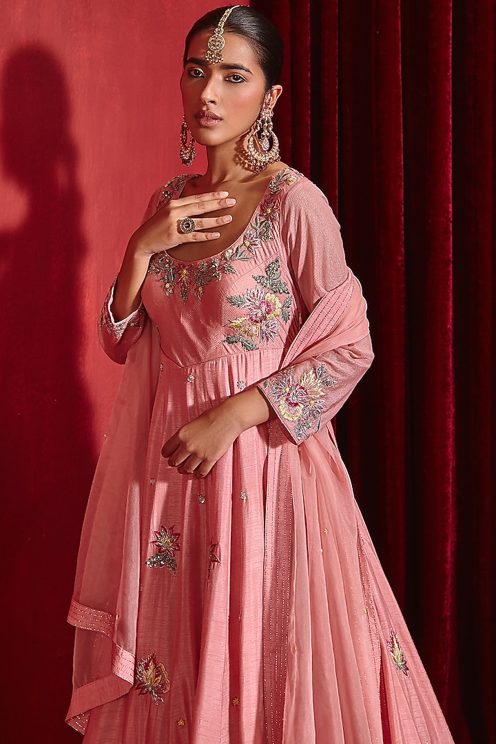 Rose Pink Dupion Silk Embroidered Anarkali Set by Ajiesh Oberoi at ...