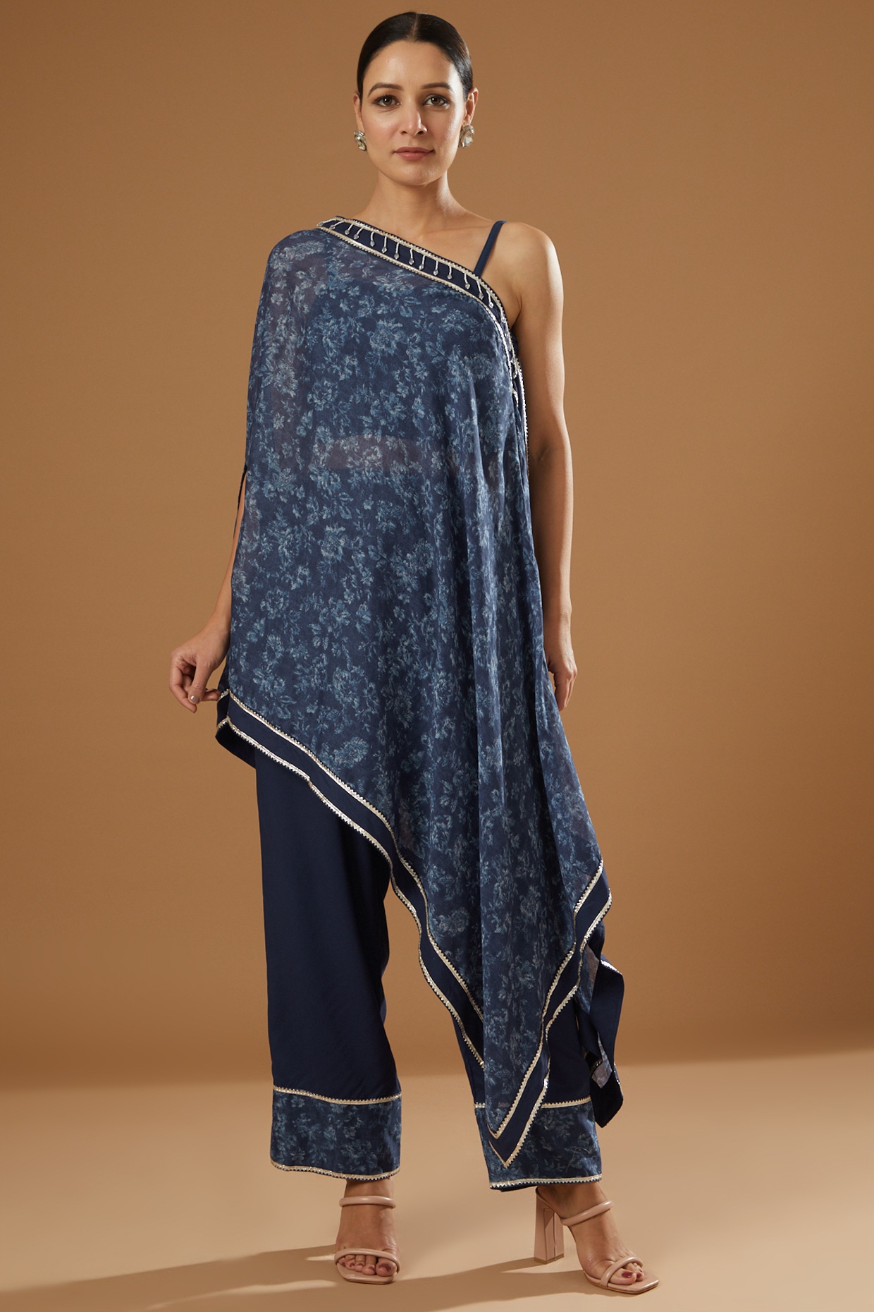 Cobalt Blue Cotton One-Shoulder Cape Set by Ajiesh Oberoi at Pernia's ...
