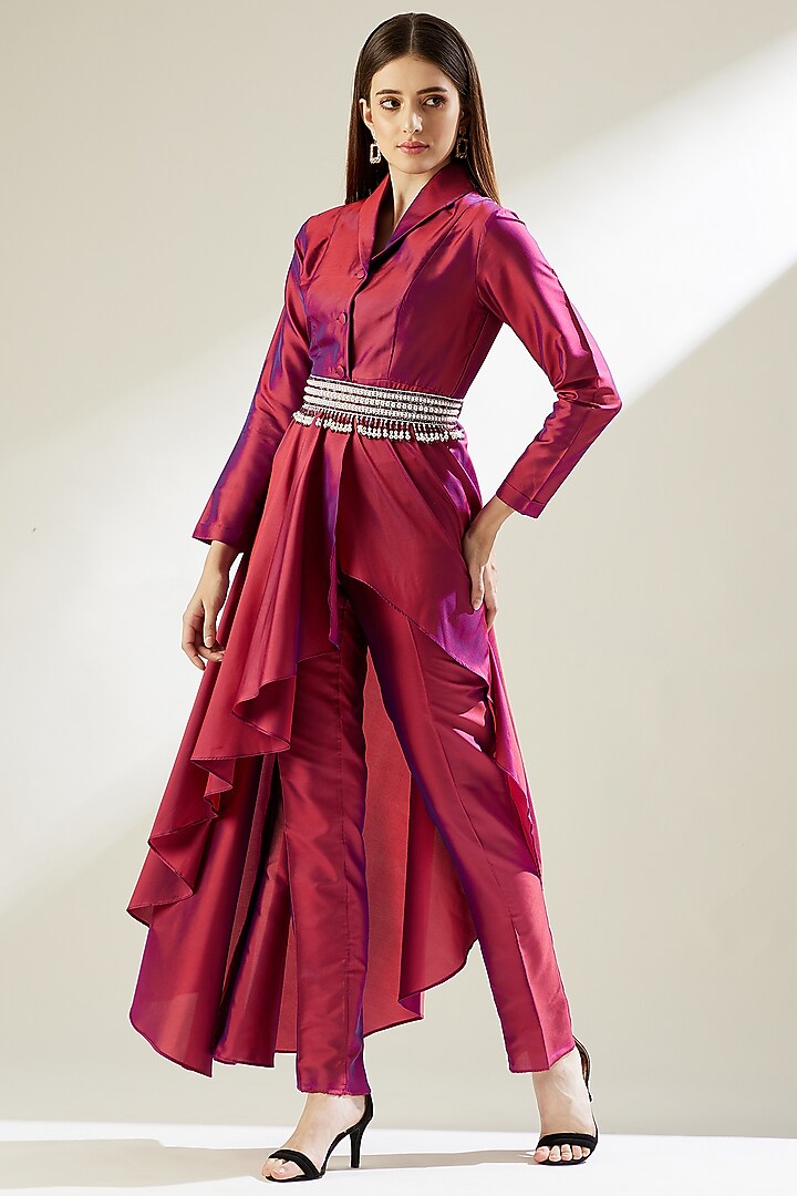 Fuchsia Silk Tissue Tunic Set Design by Aakaar at Pernia's Pop Up Shop 2024