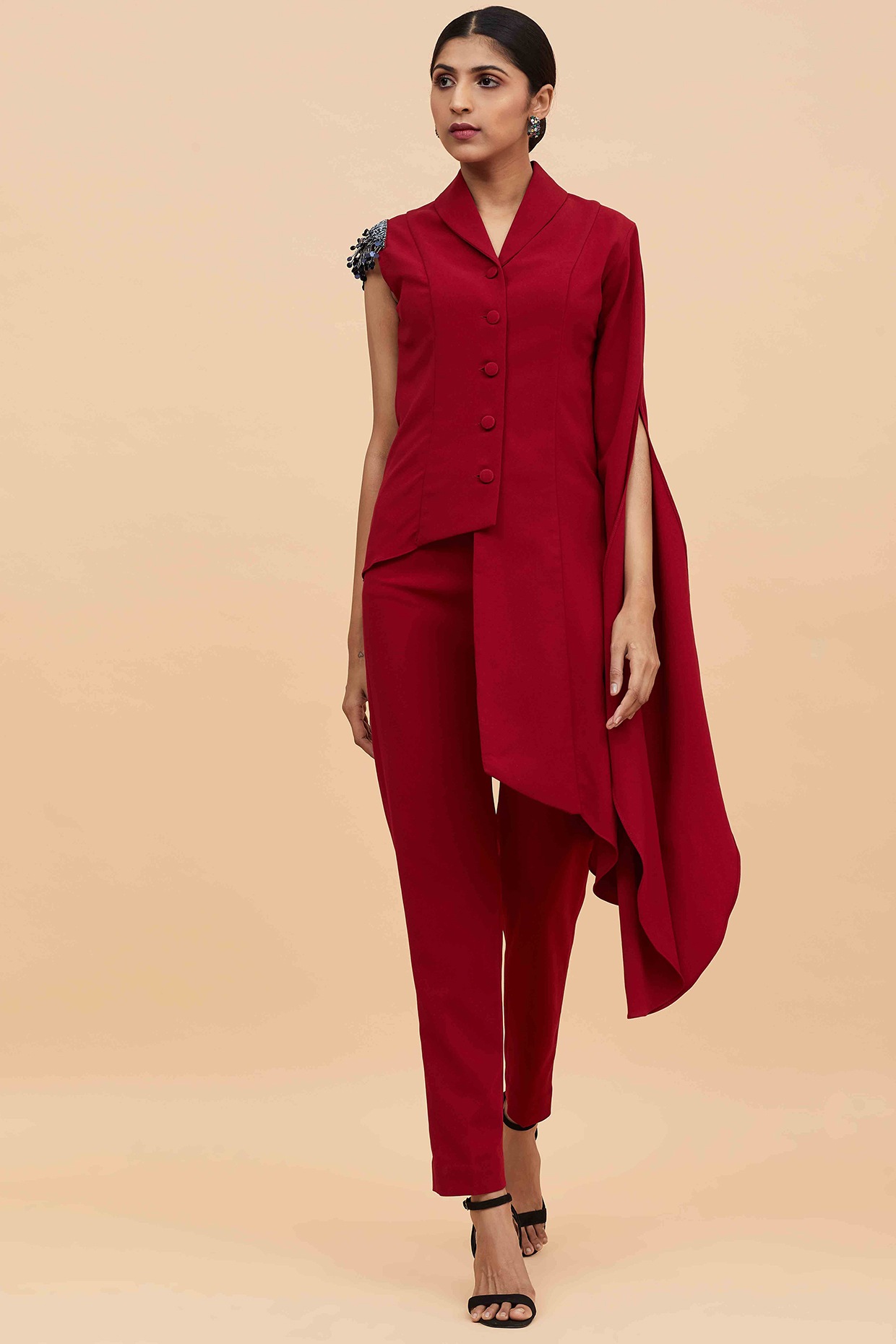 Ruby Red Moss Crepe Co-Ord Set by Aakaar at Pernia's Pop Up Shop 2025