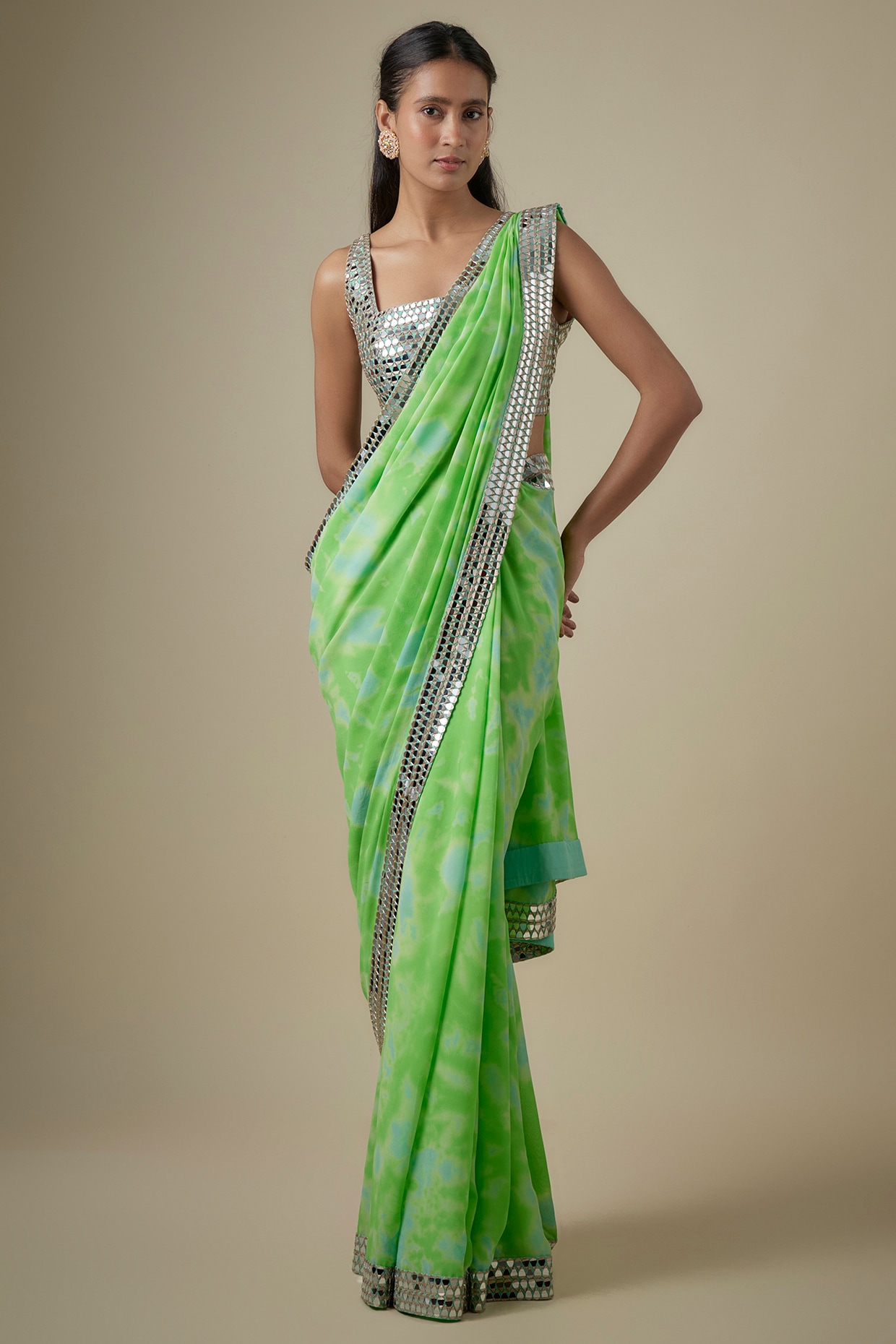 Green & Aqua Georgette Hand Tie-Dye Saree Set by Akanksha Gajria at ...