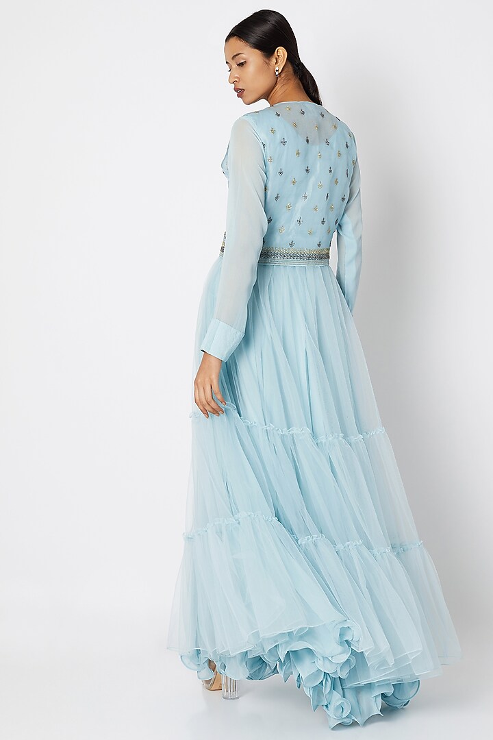 Sky Blue Embroidered Jacket With Inner & Dupatta Design by Aksh at ...