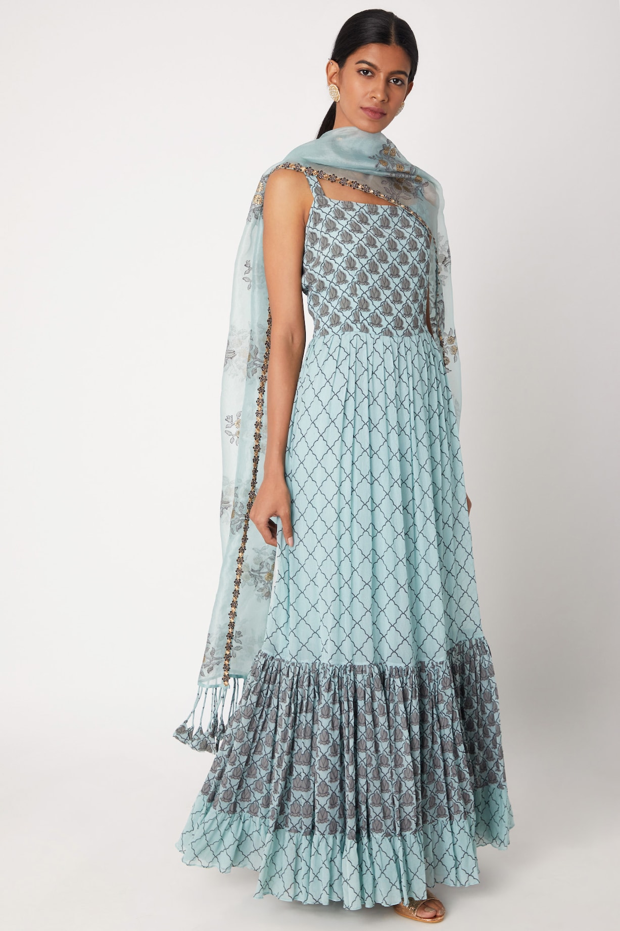 Sky Blue Ruffled Printed Anarkali With Dupatta Design by Aksh at Pernia ...