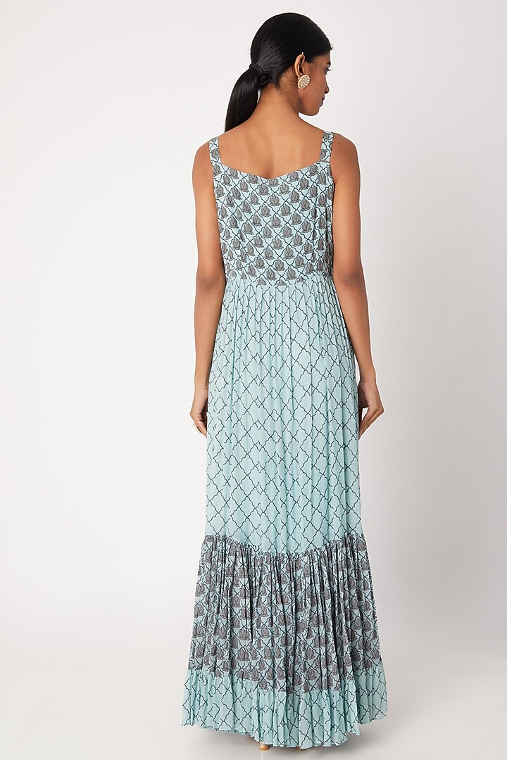 Sky Blue Ruffled Printed Anarkali With Dupatta Design by Aksh at Pernia ...