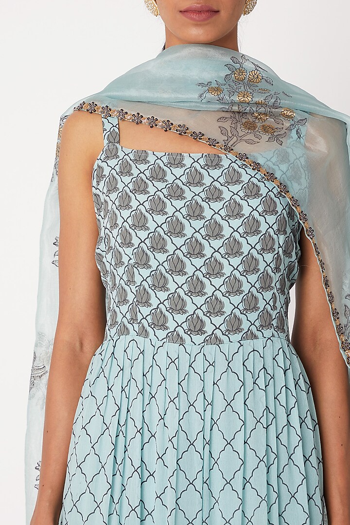 Sky Blue Ruffled Printed Anarkali With Dupatta Design by Aksh at Pernia ...