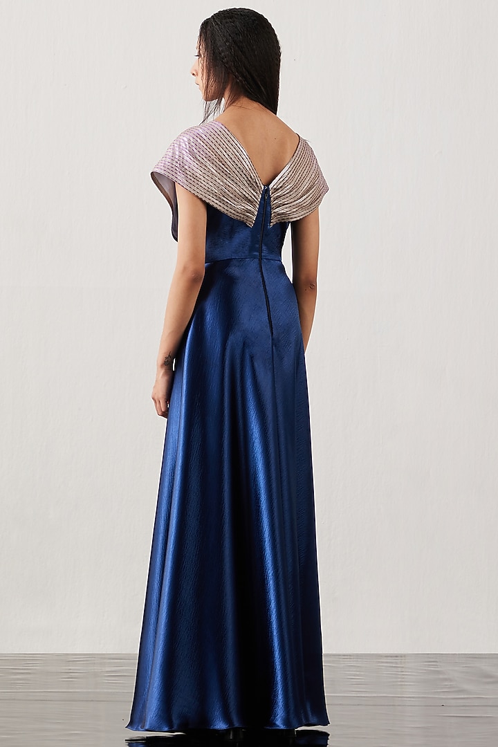 Blue Textured Satin & Metallic Hand Embroidered Flared Dress by AKHL at ...