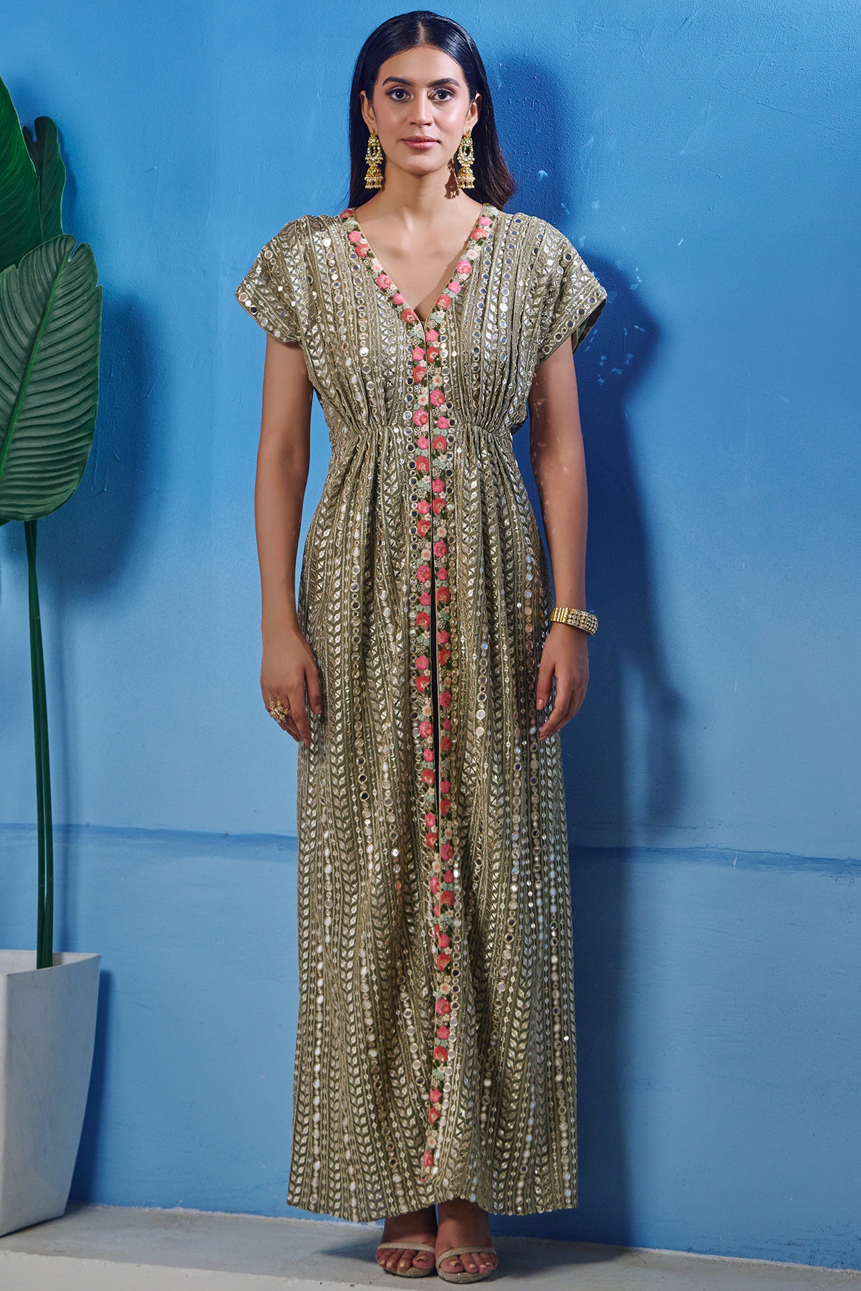 Green Georgette Zari & Patra Work Kaftan Gown With Pants by Akanksha ...