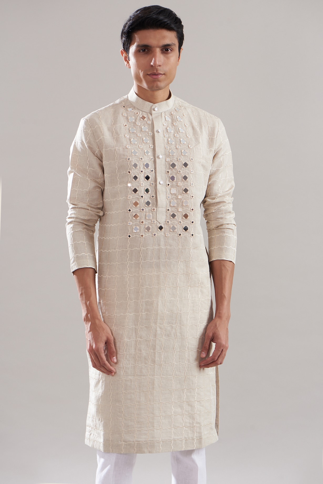 Buy Attire by kunal & Sid j Beige Cotton Linen Embroidered Kurta Set at Pernia'sPopUpShopMen 2025