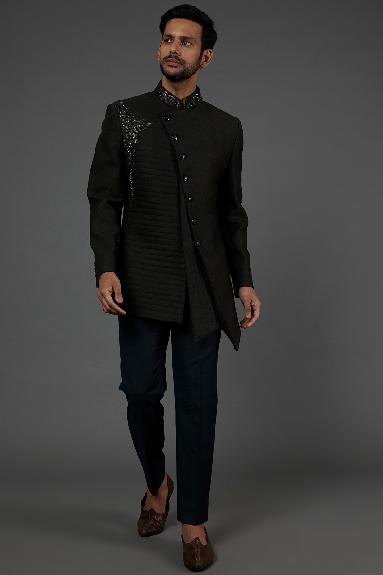 Dark Green Embroidered Bandhgala Set by attire by kunal & Sid j at Pernia's Pop Up Shop 2025