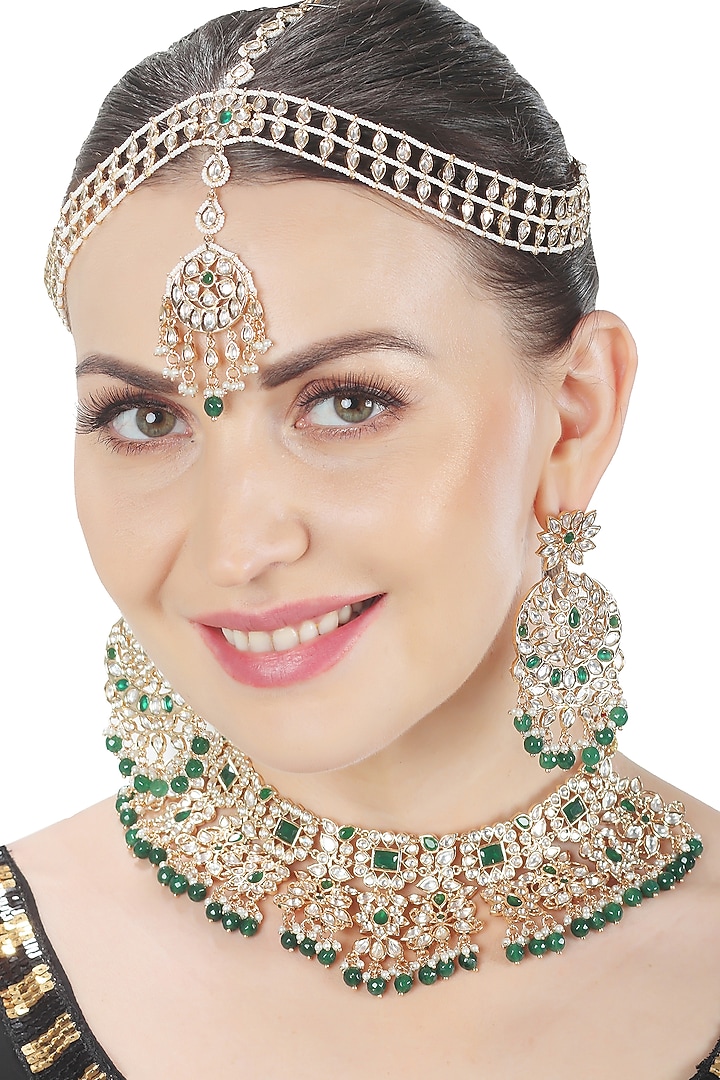 Gold Finish Green Stone & Kundan Polki Choker Necklace Set by Akulya Jewels at Pernia's Pop Up ...