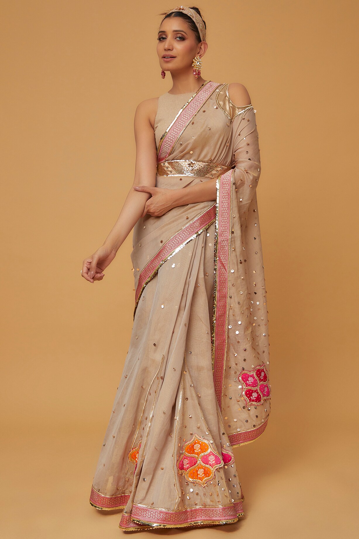 Light Brown Chanderi Tissue Embroidered Saree Set Design by Anita ...