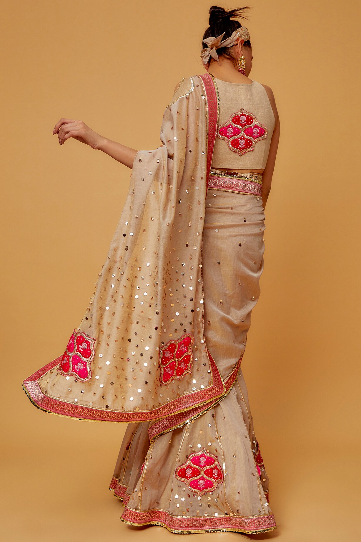 Light Brown Chanderi Tissue Embroidered Saree Set Design by Anita ...