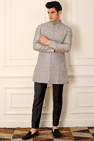 Grey Silk Moti Embroidered Nehru Jacket Set by LA ADORE BY BHAVIK J ...