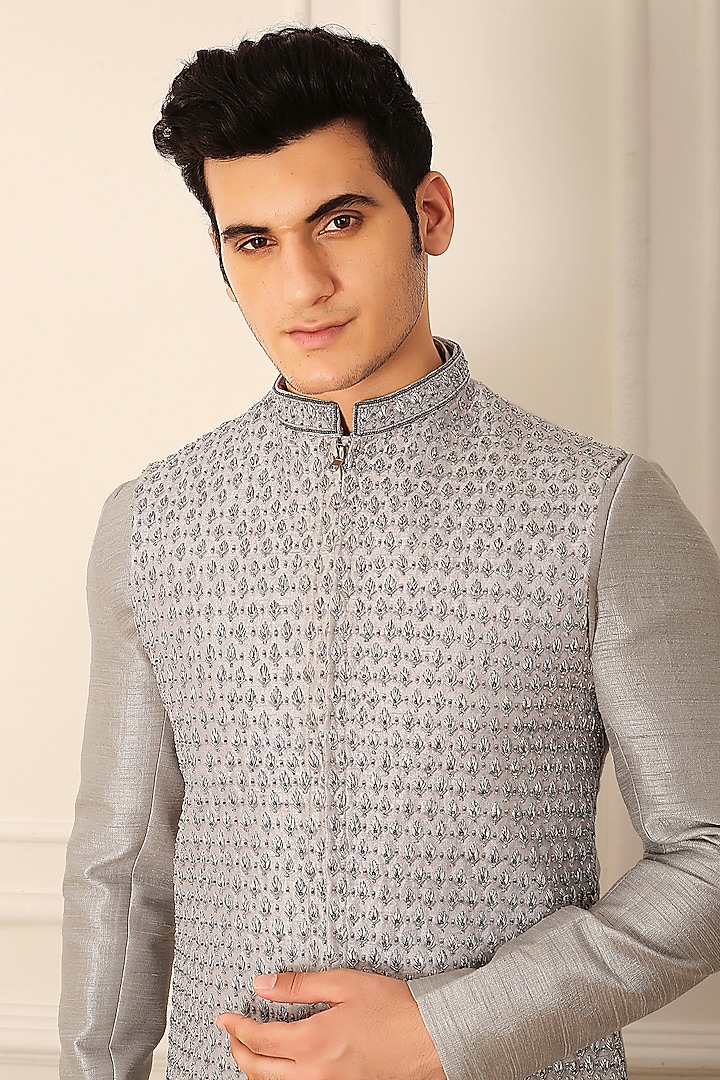 Grey Silk Moti Embroidered Nehru Jacket Set by LA ADORE BY BHAVIK J ...