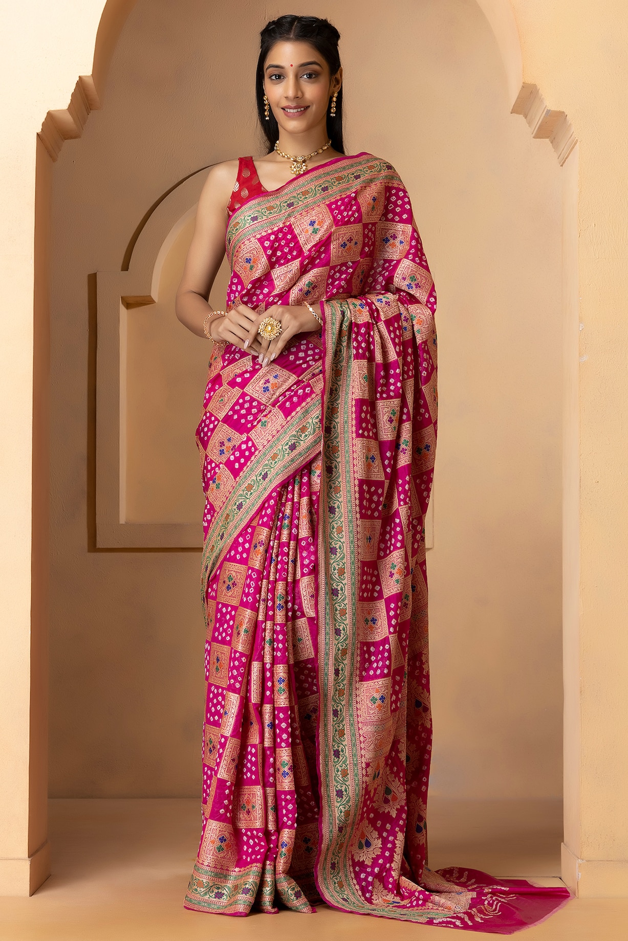 Pink Pure Gadwal Silk Gharchola Bandhani Saree Set Design by Albis ...