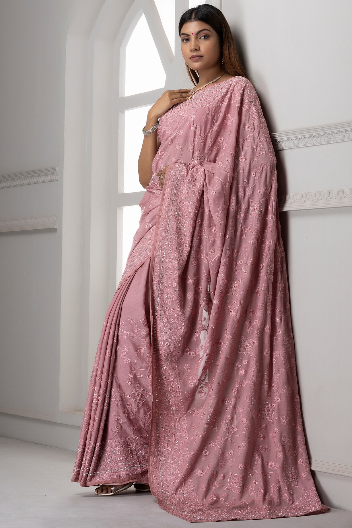 Rose Pink Chinon Crepe Embroidered Saree Set by Albis Jaipur at Pernia ...