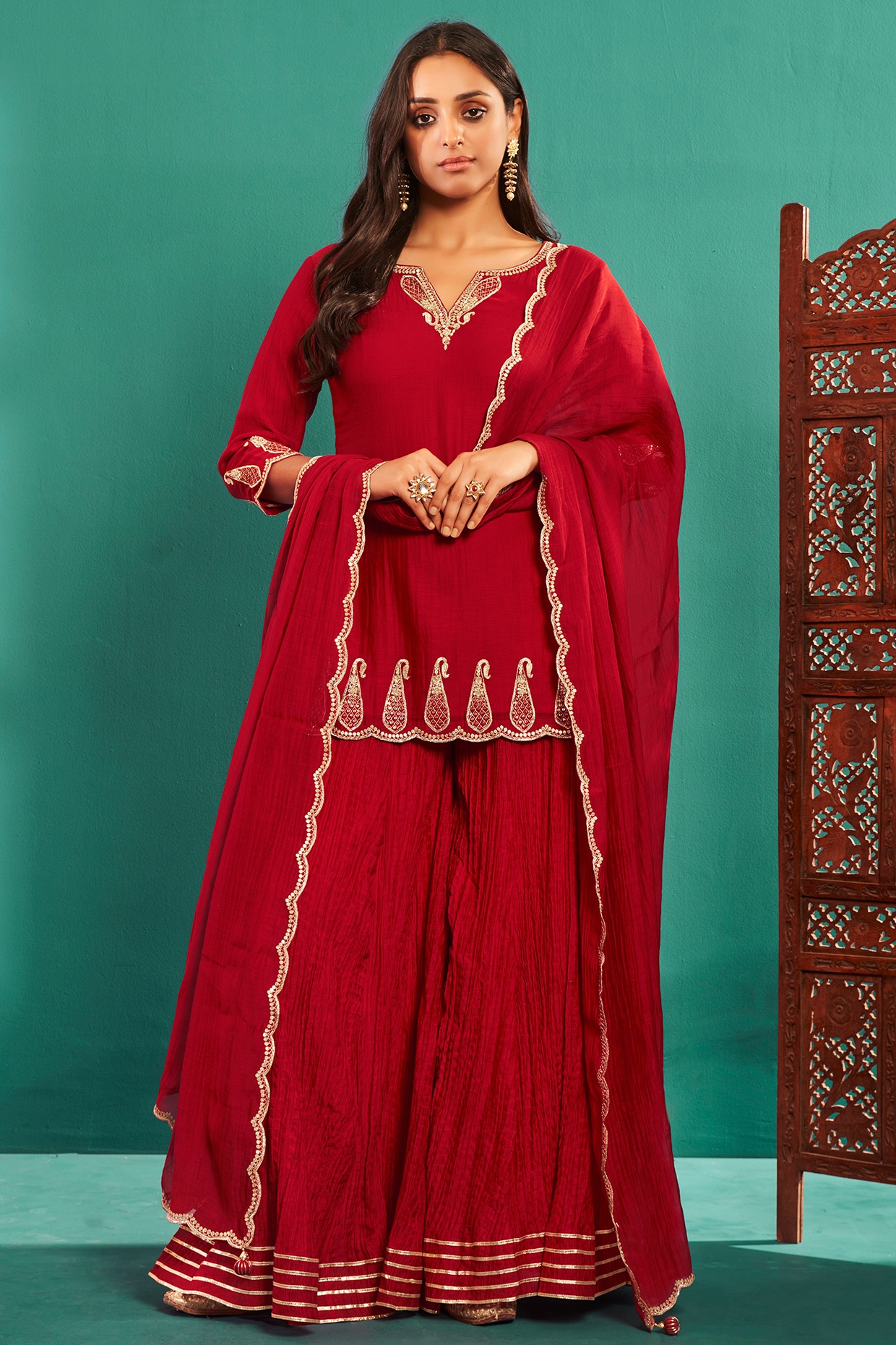 Cherry Red Soft Chanderi Sharara Set by Almaari by Pooja Patel at Pernia's Pop Up Shop 2025