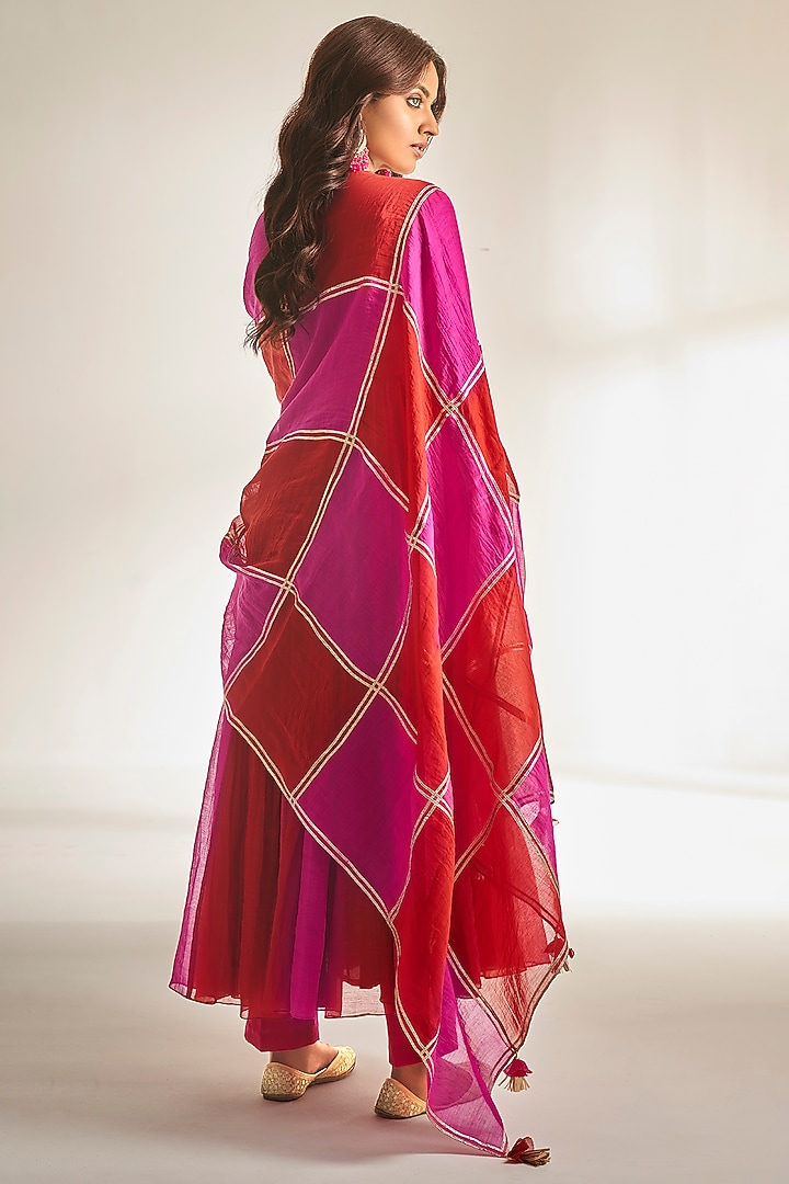 Hot Pink & Cherry Red Soft Chanderi Embroidered Anarkali Set by Almaari by Pooja Patel at Pernia ...