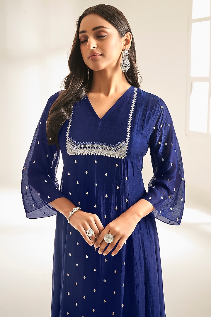 Persian Blue Soft Chanderi Embroidered Kurta Set by Almaari by Pooja Patel at Pernia's Pop Up ...
