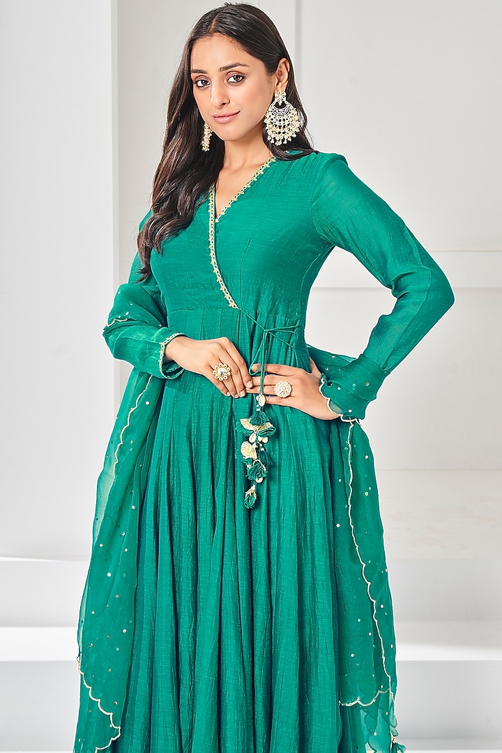 Pine Green Soft Chanderi & Stretch Cotton Anarkali Set by Almaari by Pooja Patel at Pernia's Pop ...