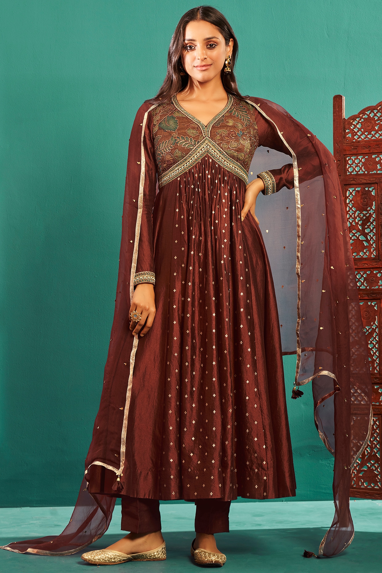 Syrup Brown Chiniya Silk & Flat Silk Embroidered Anarkali Set by Almaari by Pooja Patel at ...