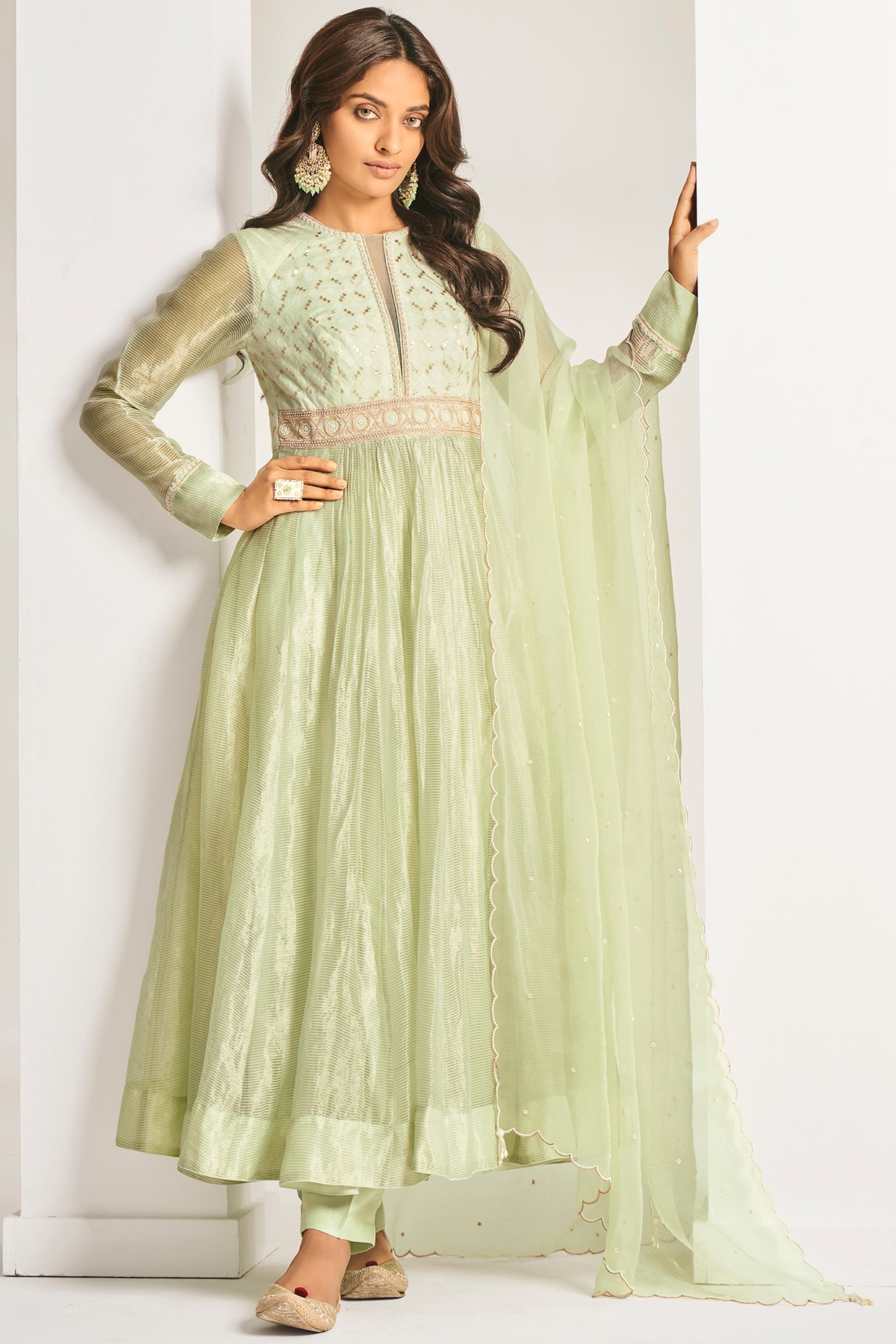 Light Mint Flat Silk & Chanderi Embroidered Anarkali Set by Almaari by Pooja Patel at Pernia's ...