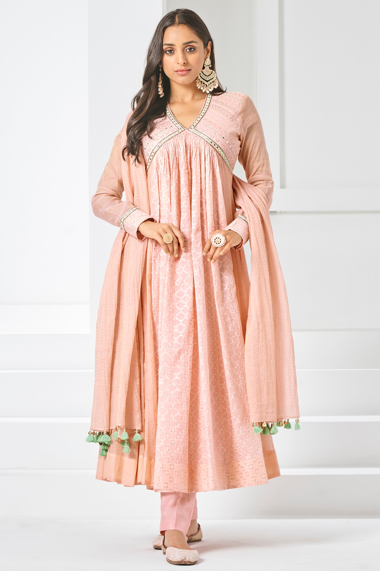 Blush Pink Flat Silk & Chanderi Embroidered Anarkali Set by Almaari by Pooja Patel at Pernia's ...