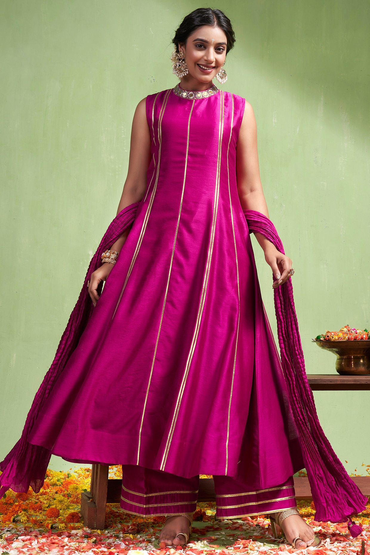 Hot Pink Chanderi Silk Gota Work Anarkali Set by Almaari by Pooja Patel at Pernia's Pop Up Shop 2025
