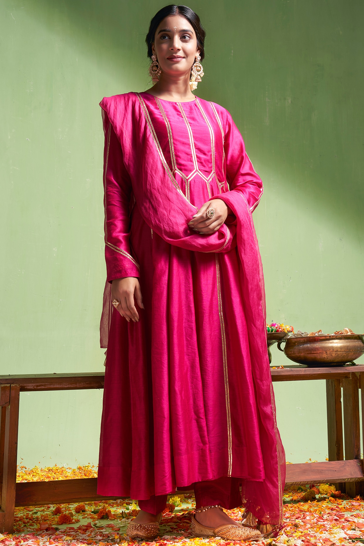 Hot Pink Chanderi Silk Gota Work Anarkali Set by Almaari by Pooja Patel at Pernia's Pop Up Shop 2024