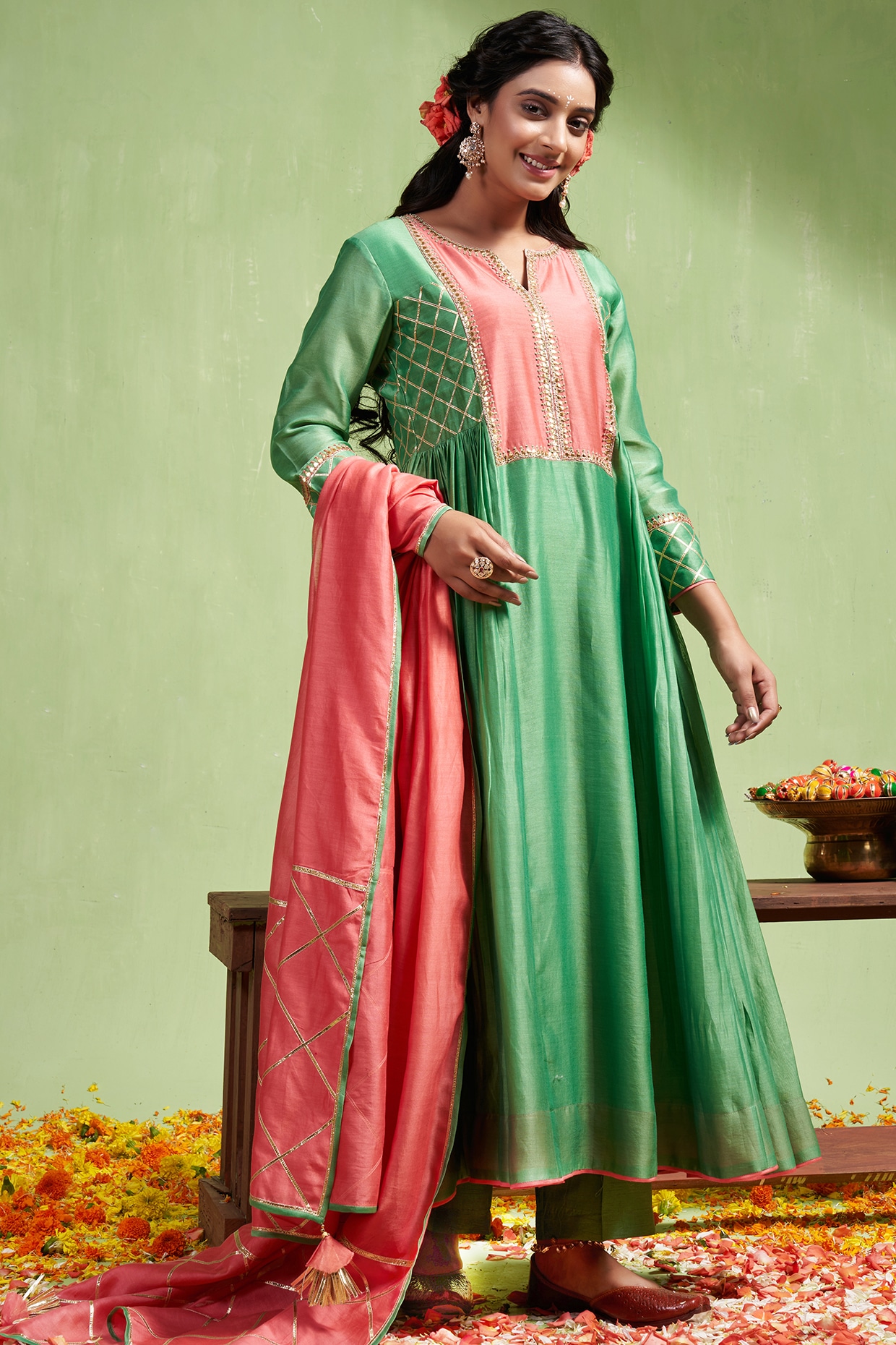 Green Chanderi Silk Gota Work Anarkali Set by Almaari by Pooja Patel at Pernia's Pop Up Shop 2024