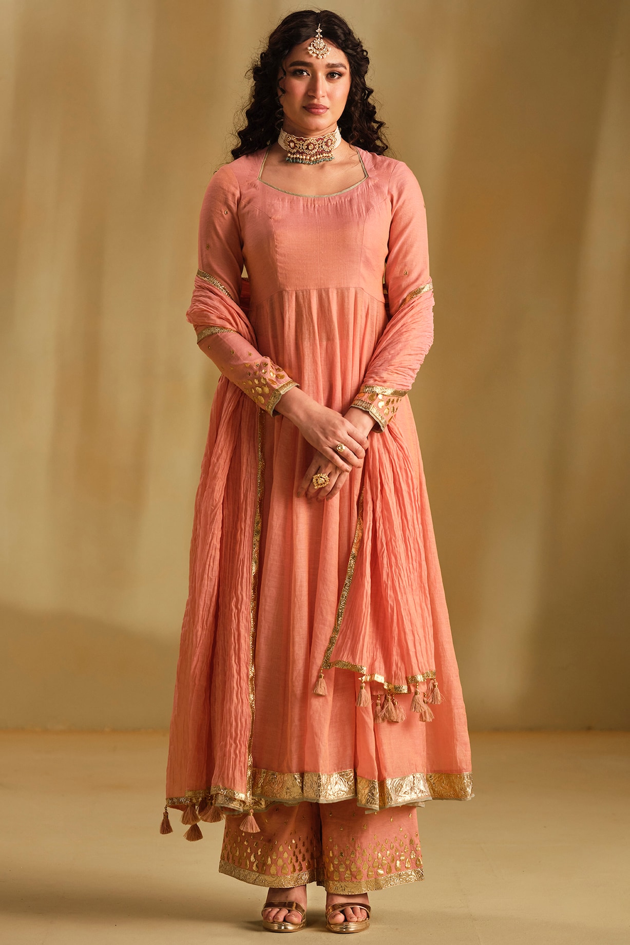 Pink Silk Gota Work Party Wear Anarkali Set by Almaari by Pooja Patel at Pernia's Pop Up Shop 2025