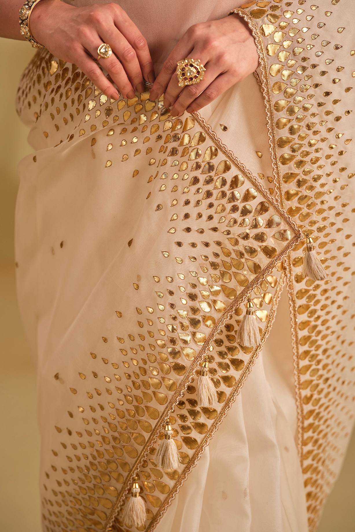 White Silk Gota Work Wedding Saree Set by Almaari by Pooja Patel at Pernia's Pop Up Shop 2025