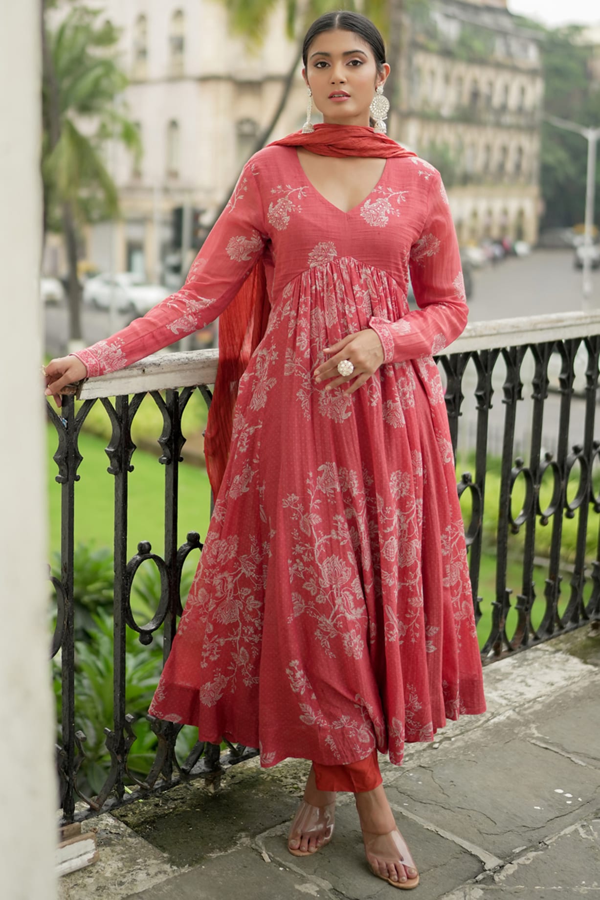Red Chanderi Floral Printed Anarkali Set by Almaari by Pooja Patel at Pernia's Pop Up Shop 2025