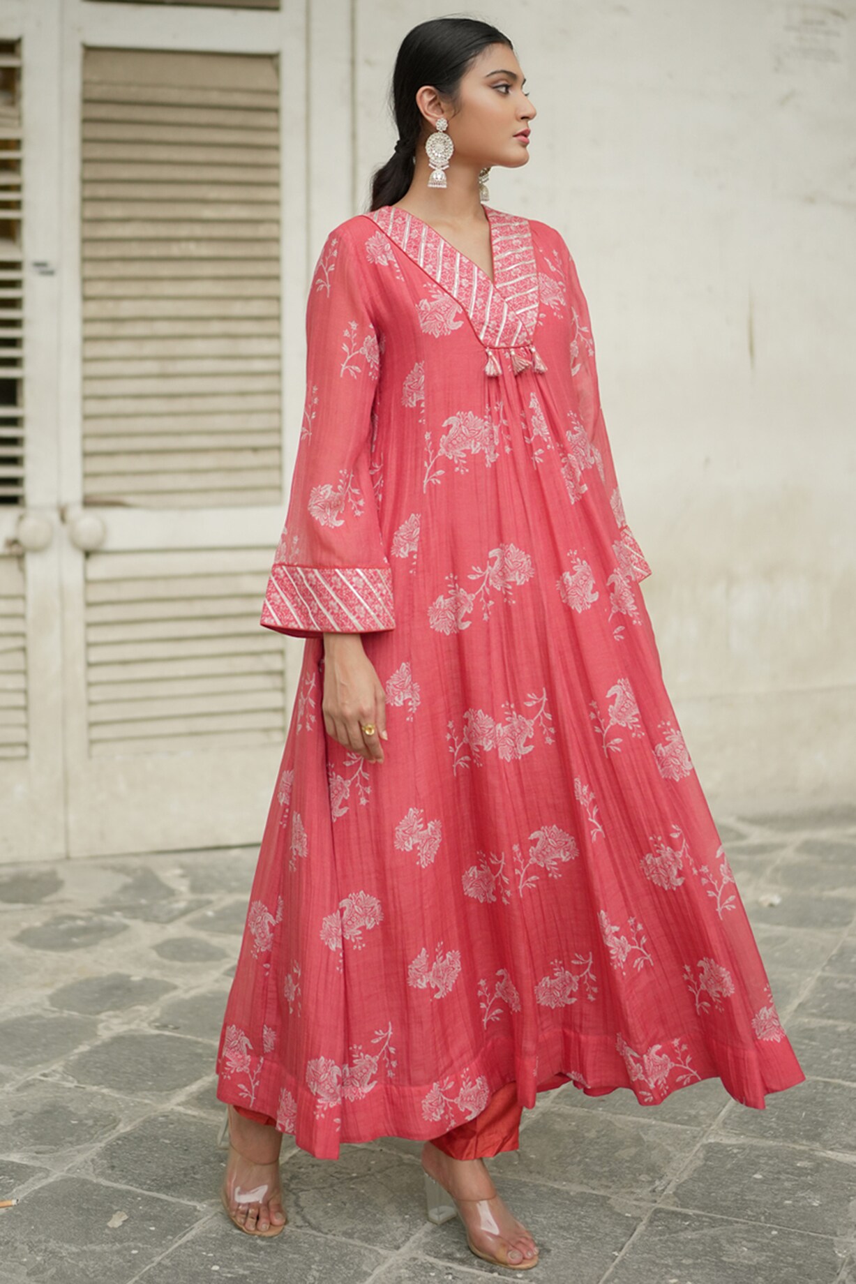Red Chanderi Floral Printed Anarkali Set by Almaari by Pooja Patel at Pernia's Pop Up Shop 2025