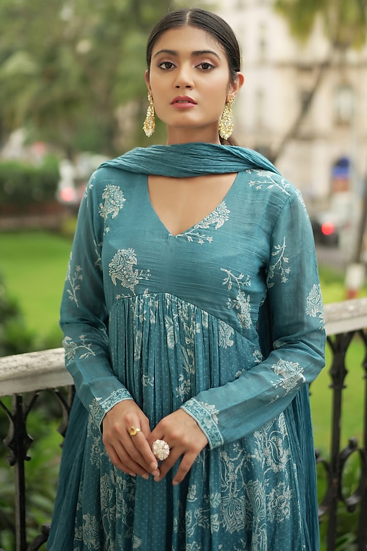 Steel Blue Chanderi Floral Printed Anarkali Set by Almaari by Pooja Patel at Pernia's Pop Up ...