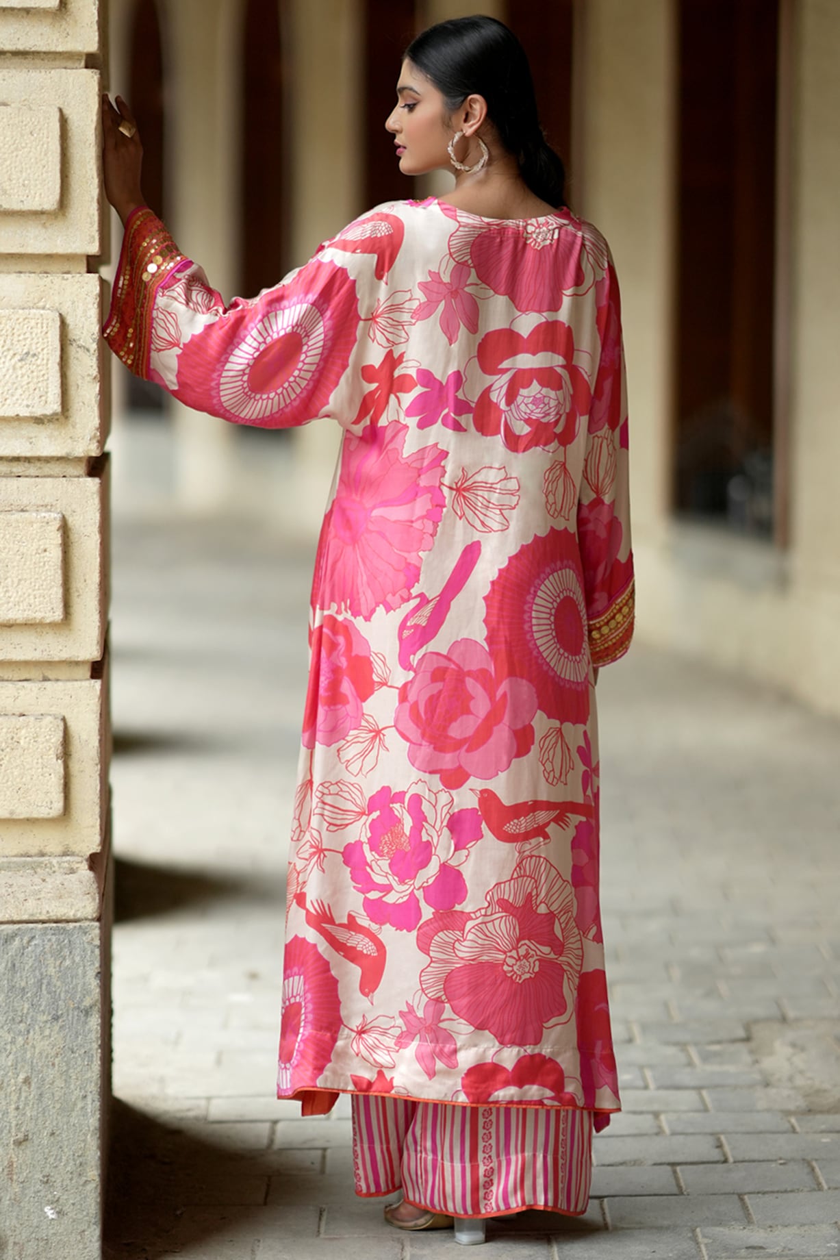 Beige Modal Floral Printed & Beads Embellished Long Kurta Set by Almaari by Pooja Patel at ...